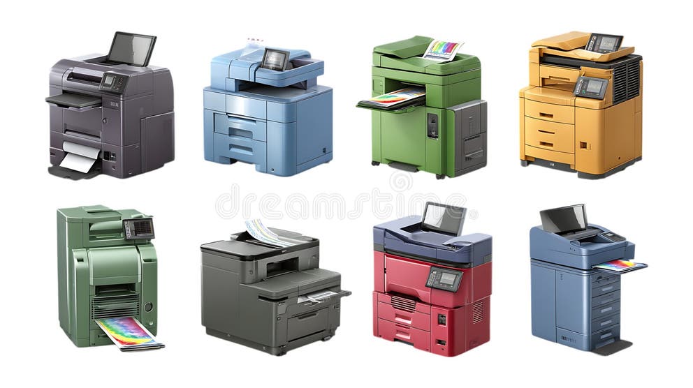 Assortment of Colorful Printers Displayed in a Grid Form on Transparent ...