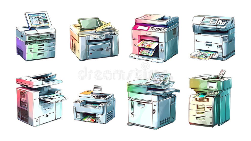 Assortment of Colorful Printers Displayed in a Grid Form on Transparent ...