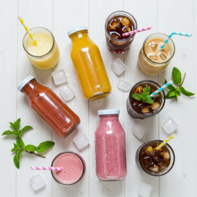 Assortment of Colorful Refreshing Drinks with Ice and Mint Stock ...
