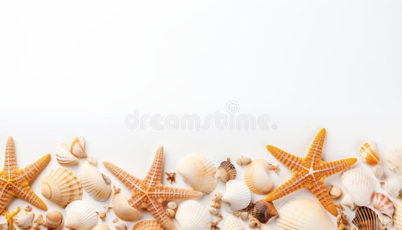 Assortment of Colorful Seashells and Starfish Forming a Border on White ...