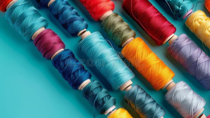Assortment of Colorful Sewing Threads on Teal Surface, Top View Shot ...