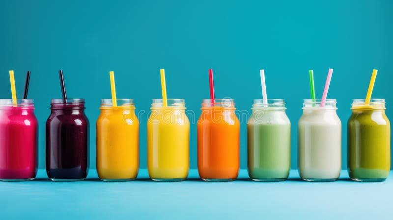 Assortment of Colorful Smoothies in Bottles with Straws on Blue ...