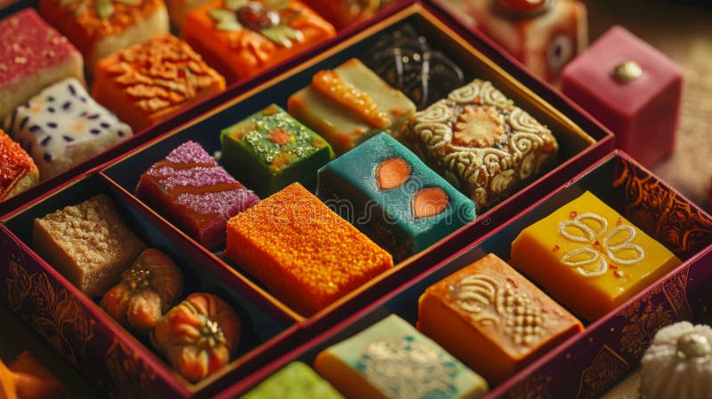 Assortment of Colorful Sweets in a Decorative Box Stock Illustration ...