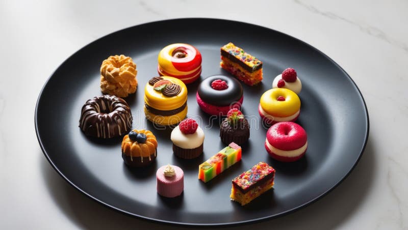 Assortment of Colorful Sweets and Pastries on a Black Plate. Stock ...