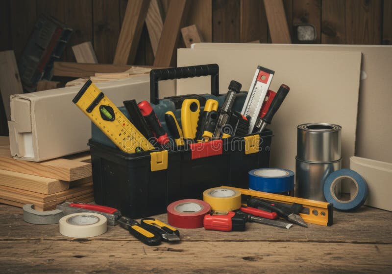 Assortment of Construction Tools in a Black Toolbox Stock Illustration ...