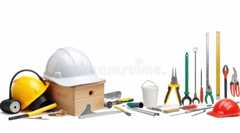 Construction Tools and Safety Gear on White Background Stock Photo ...