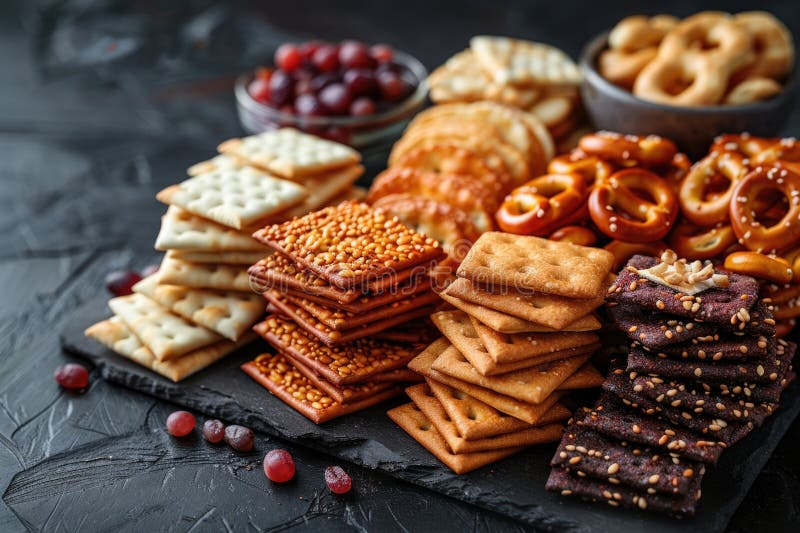 Assortment of Crackers and Pretzels Displayed on a Da Stock ...