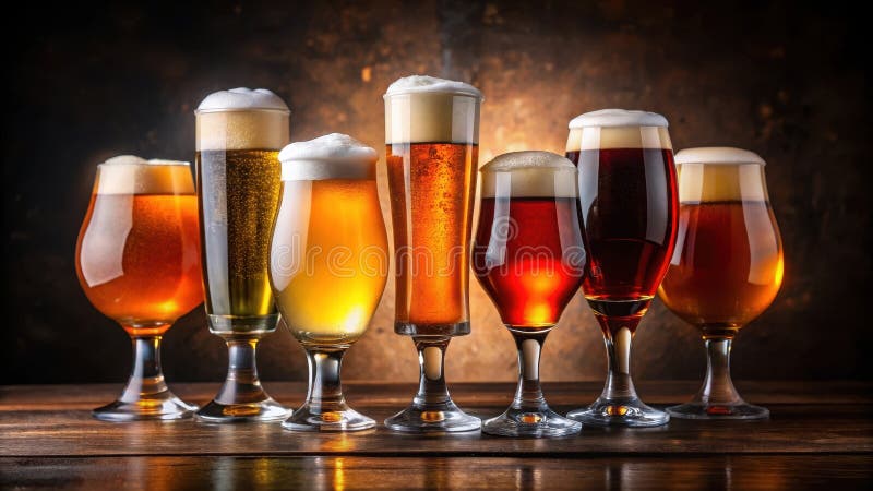 An Assortment of Craft Beer Styles in Various Glasses on Wooden Table ...