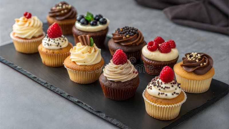An Assortment of Cupcakes Displayed on a Black Slate Platter Stock ...