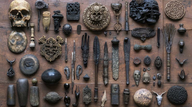Assortment of Dark-themed Ancient Artifacts on Wooden Surface Stock ...