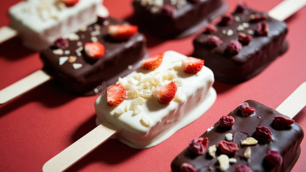 Assortment of Decorated Ice Cream Popsicles with Chocolate and Nuts ...