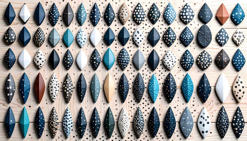 An Assortment of Decorative Wall Objects Arranged in Rows on a Wooden ...