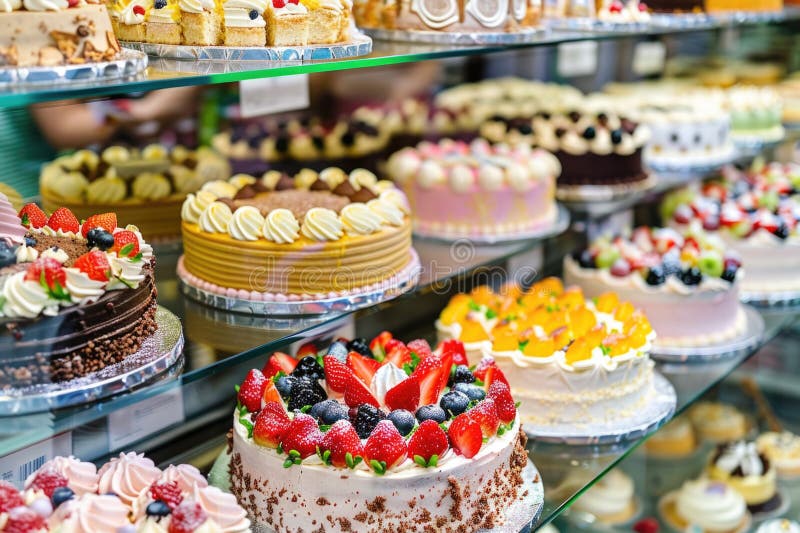 Assortment of Delicious Cakes in a Bakery Display with Fruit and Cream ...