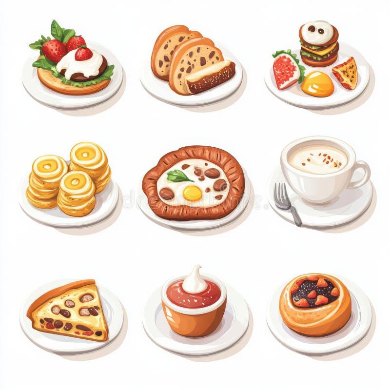 Assortment of Delicious Food Items on Plates Stock Illustration ...