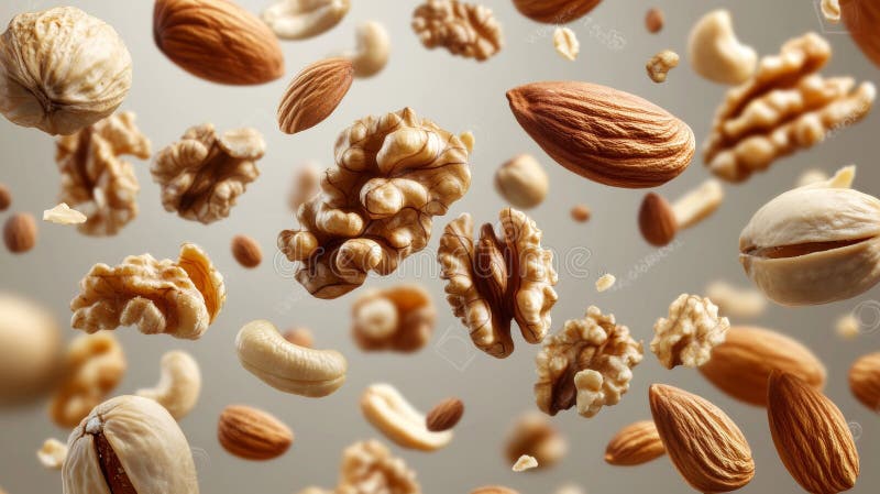 Assortment of Delicious Nuts Falling or Flying Against a Gray ...