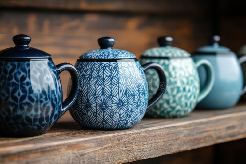 Tea Set Collection, Assortment of Designer Tea Sets on a Wooden Shelf ...