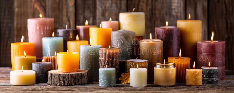 An Assortment of Different Candles Arranged on a Rustic Wooden Table ...
