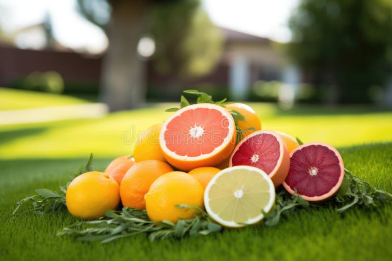 An Assortment of Different Citrus Fruits on a Grass Lawn Stock Photo ...