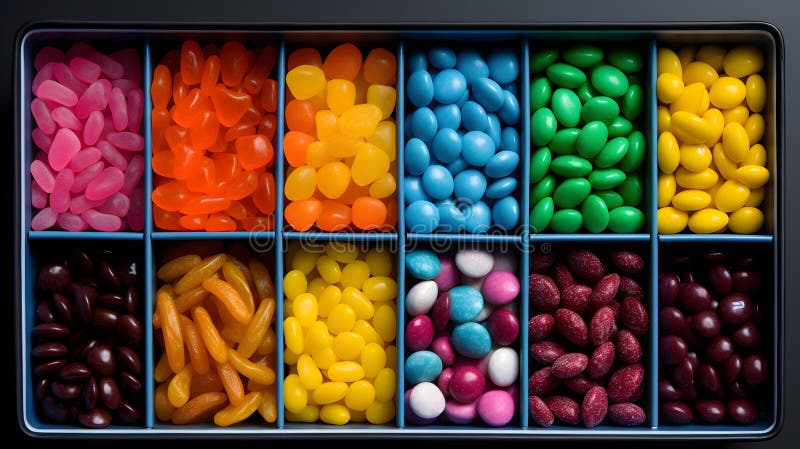 An Assortment of Different Colored Chewy Candies in Square Trays Stock ...