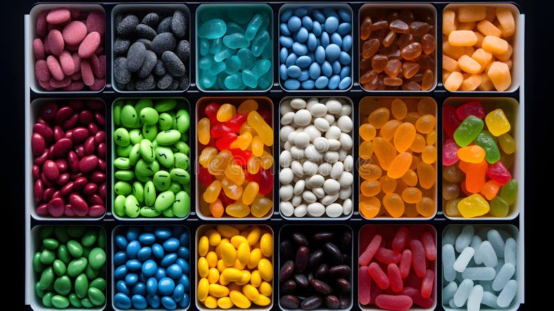 An Assortment of Different Colored Chewy Candies in Square Trays Stock ...