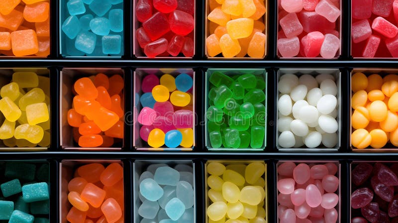 An Assortment of Different Colored Chewy Candies in Square Trays Stock ...