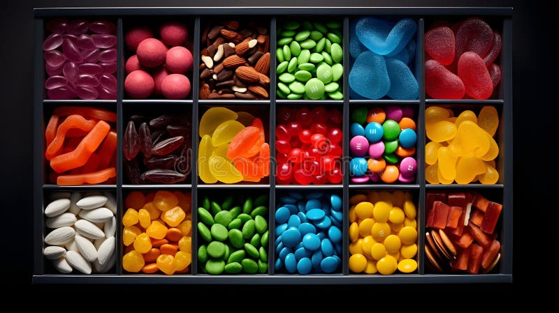 An Assortment of Different Colored Chewy Candies in Square Trays Stock ...