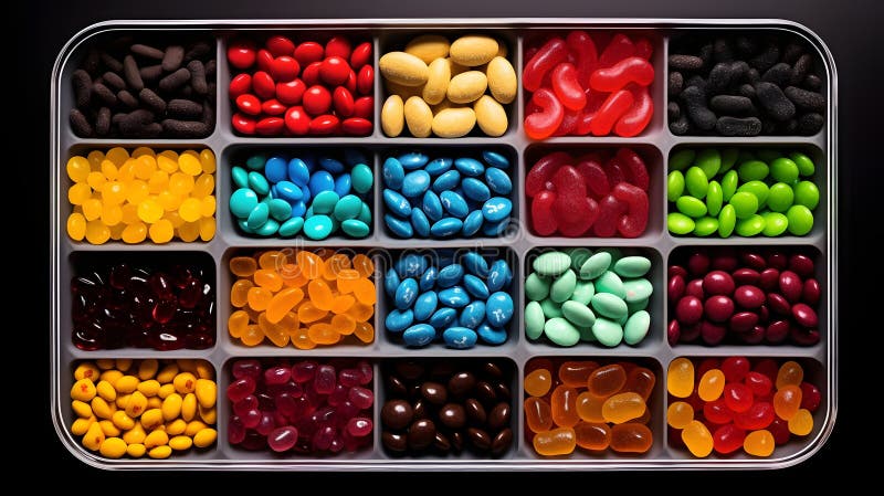 An Assortment of Different Colored Chewy Candies in Square Trays Stock ...