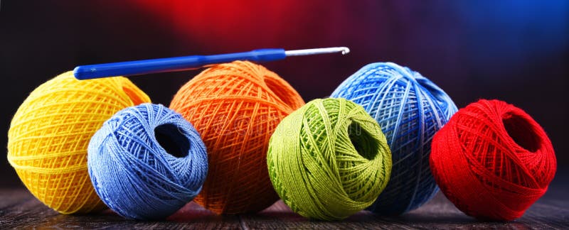 Assortment of Different Colored Yarns and Hook for Crocheting Stock ...