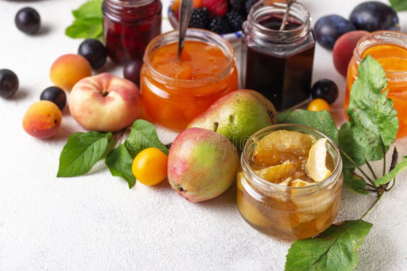 Assortment of Different Jams in Gars Stock Image - Image of plum, pear ...