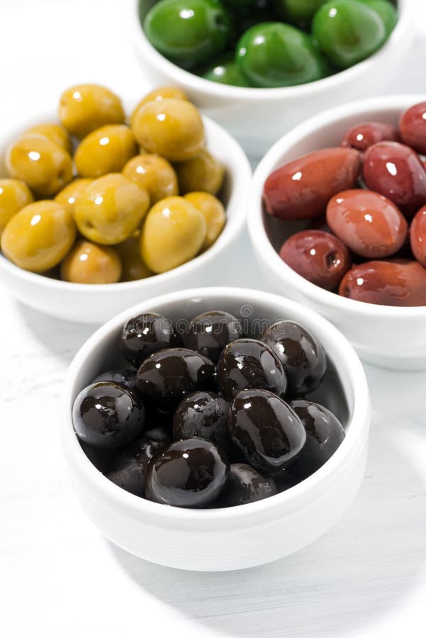 Assortment of Different Kinds of Organic Olives, Vertical Stock Image ...