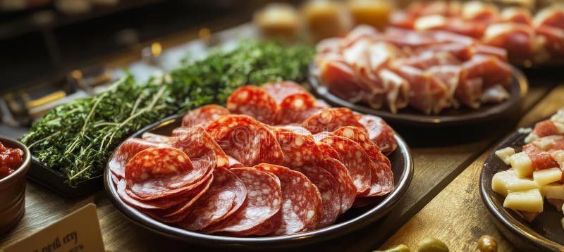 Assortment of Different Meat Delicacies Delicatessen in Plate on Rustic ...
