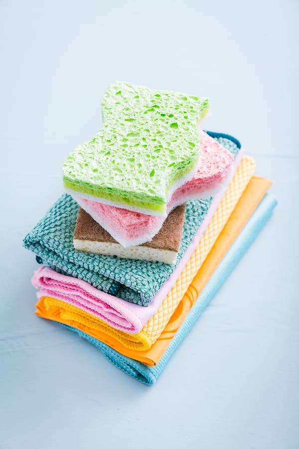 Assortment of Different Sponges and Cleanings Rags, with Fiber Cloth ...