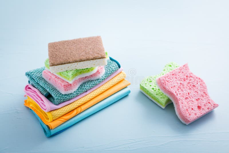Assortment of Different Sponges and Cleanings Rags, with Fiber Cloth ...