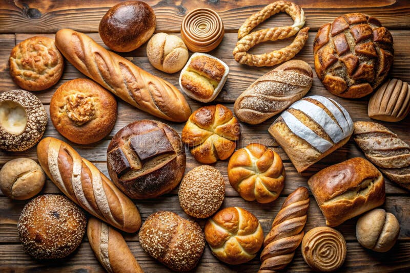 Various Types of Breads and Buns on Wooden Background Stock ...
