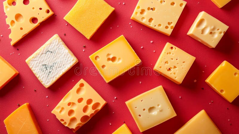 Assortment of Different Types of Cheese on Red Background Stock Photo ...