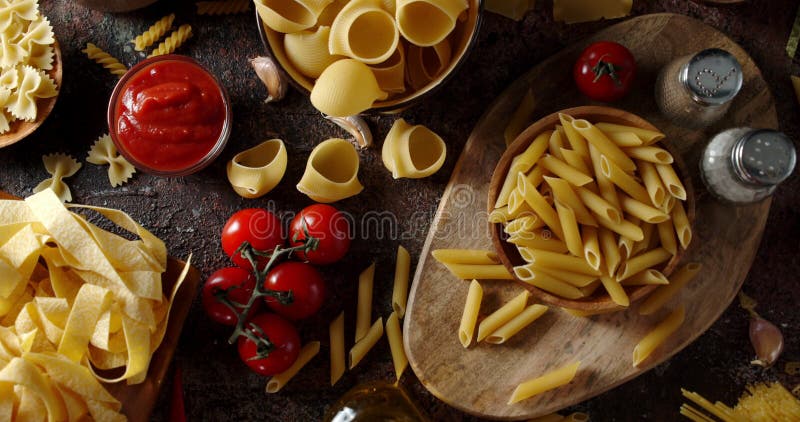 Different Types and Shapes of Dry Italian Pasta. Pasta Background ...