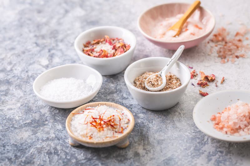 Assortment of Different Types of Salt, Sea, Himalayan, Saffron, with ...