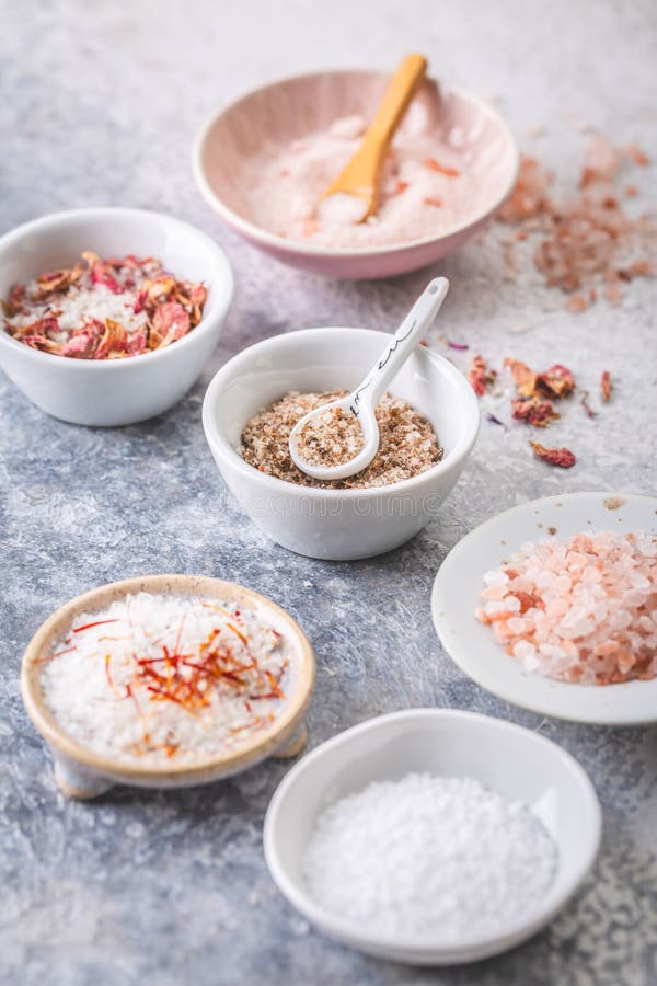 Assortment of Different Types of Salt, Sea, Himalayan, Saffron, with ...