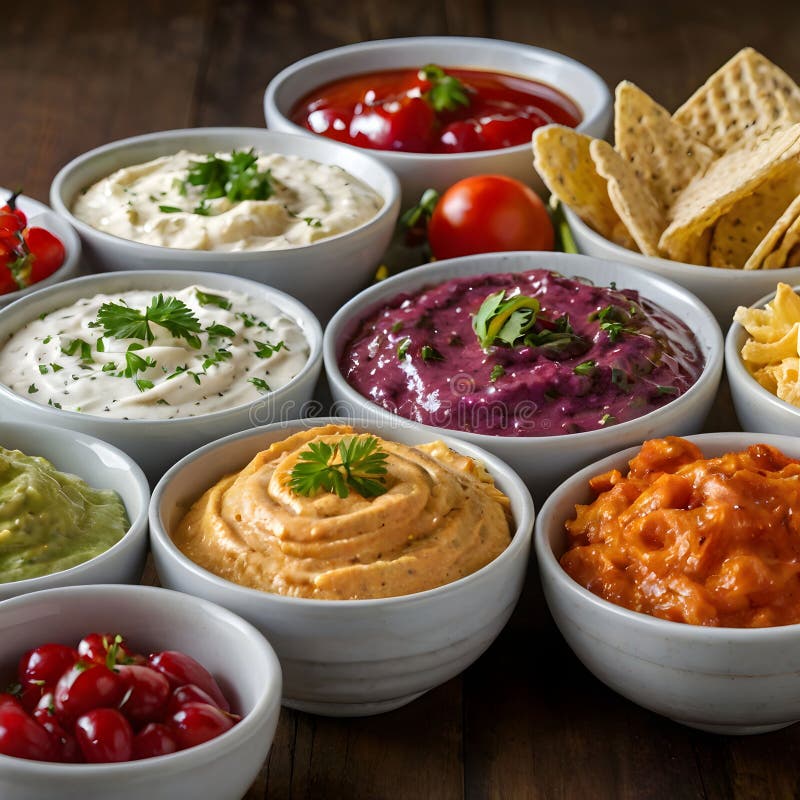 An Assortment of Dips and Snacks Presented Together, Featuring Various ...