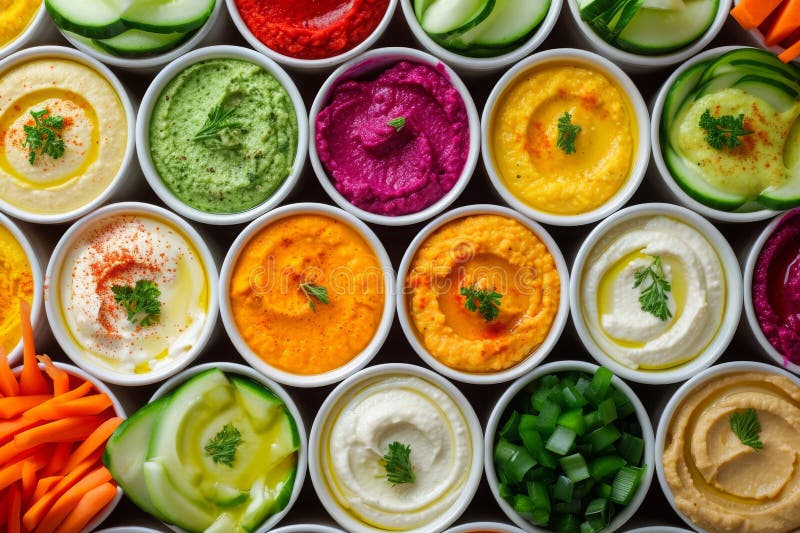 Assortment of Dips with Vegetables, Colorful Array of Hummus and Dips ...