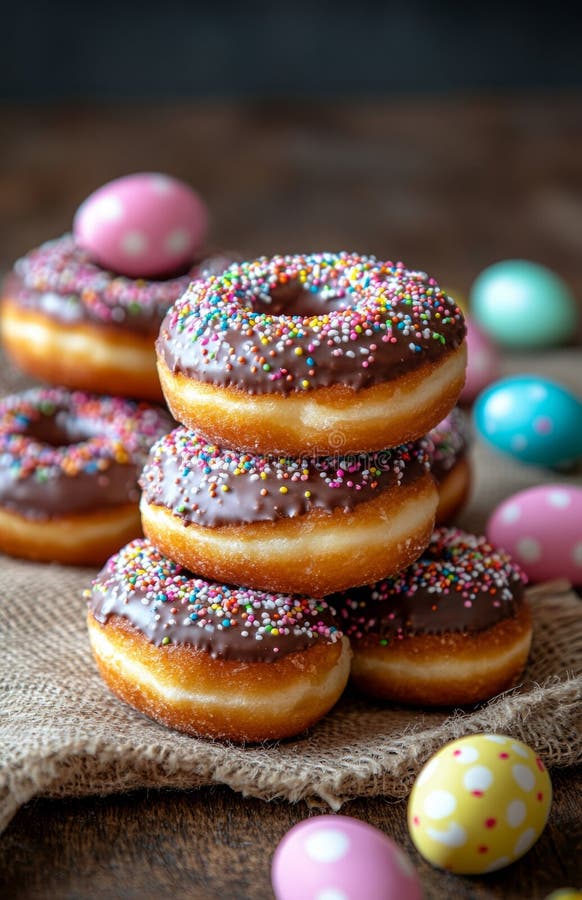 Assortment of Doughnuts with Chocolate and Easter Eggs on Burlap Cloth ...