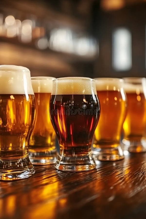Assortment of Draft Beer in Tulip Glasses on a Bar, with a Blurred ...