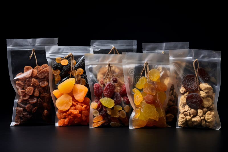 Assortment of Dried Fruits in Transparent Packing on Black Background ...