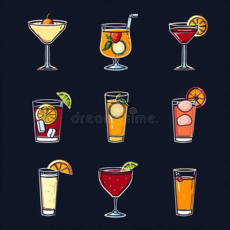 Assortment of Drinks on Black Background Stock Photo - Image of party ...