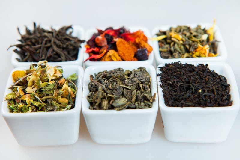 Assortment of Dry Tea. Various Kinds of Tea Isolated on White.Different ...