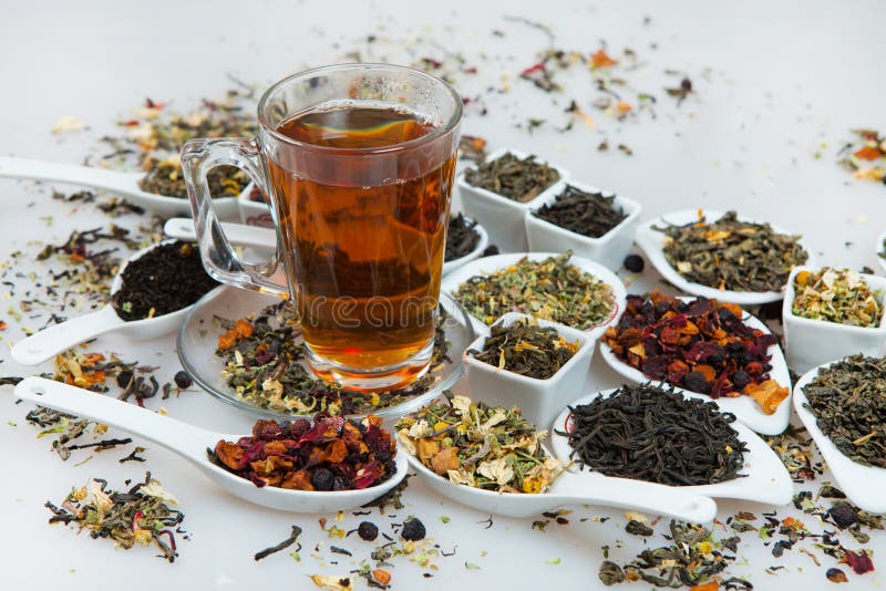 Assortment of Dry Tea. Various Kinds of Tea Isolated on White.Different ...