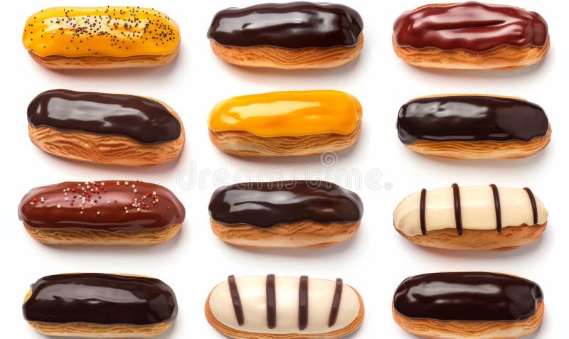 Assortment of Eclairs Pastry on White Background Stock Illustration ...