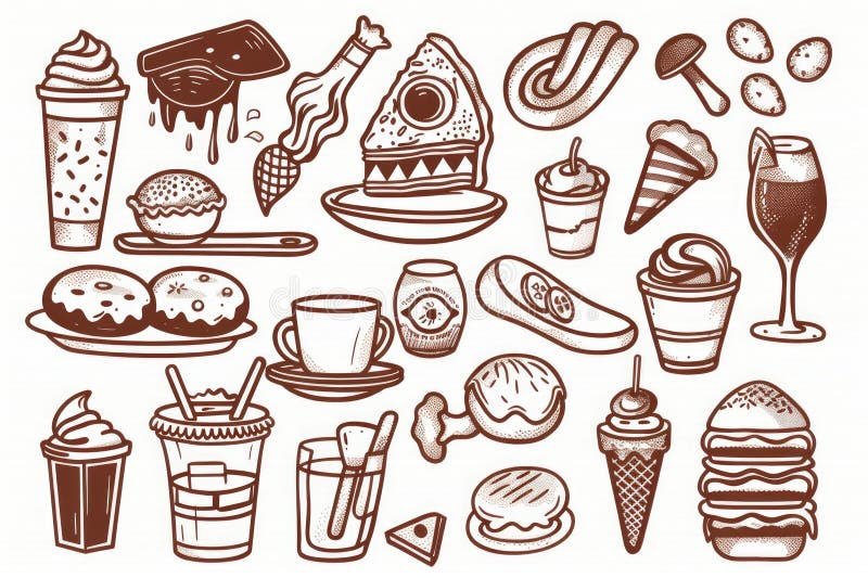 Assortment of Edible Items and Beverages on a Clean White Surface Stock ...