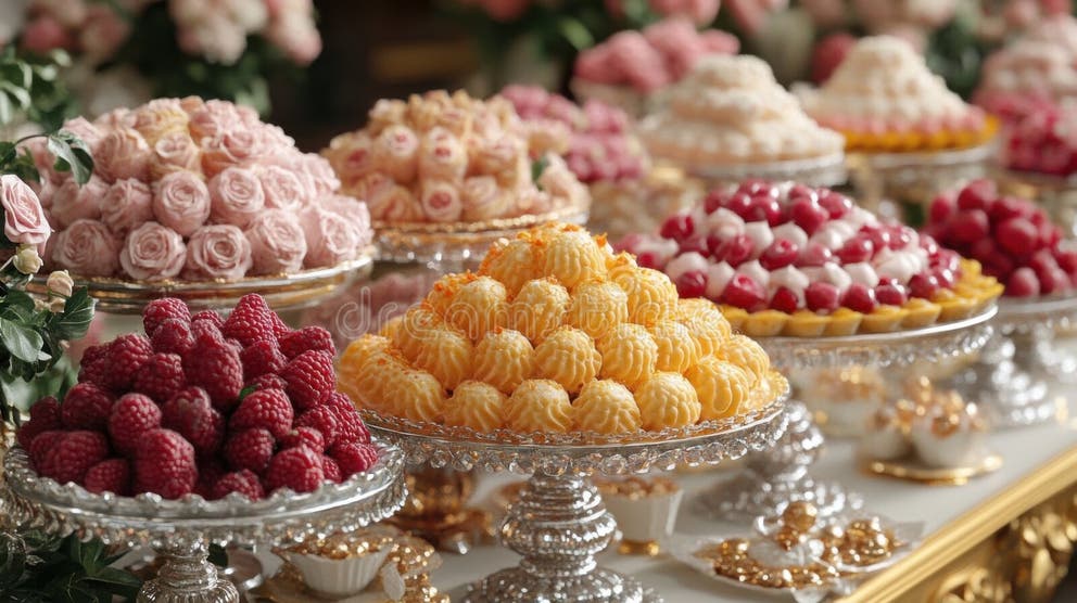 Assortment of Elegant Rose and Raspberry Pastries on Crystal Platters ...