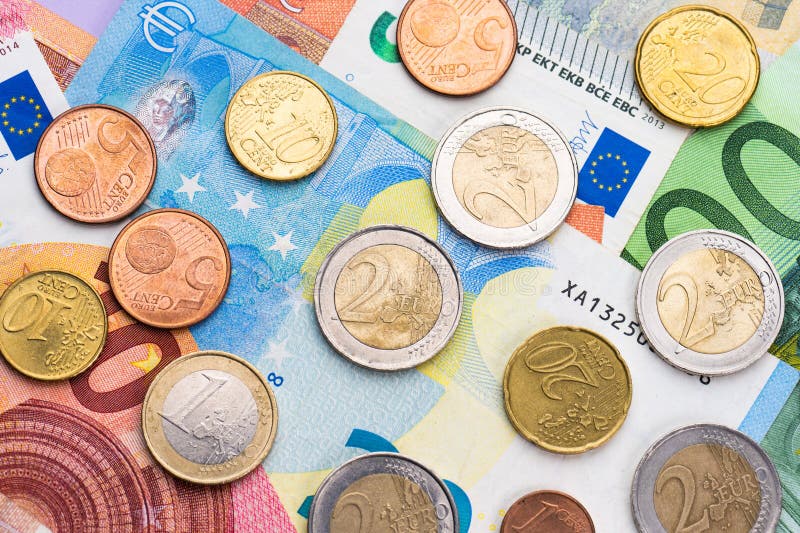 Assortment of Euro Coins on Euro Notes.. Stock Photo - Image of ...